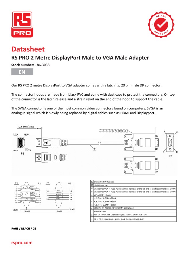 RS PRO Male DisplayPort to Male VGA Display Port Cable, 1080p, 2m | RS ...
