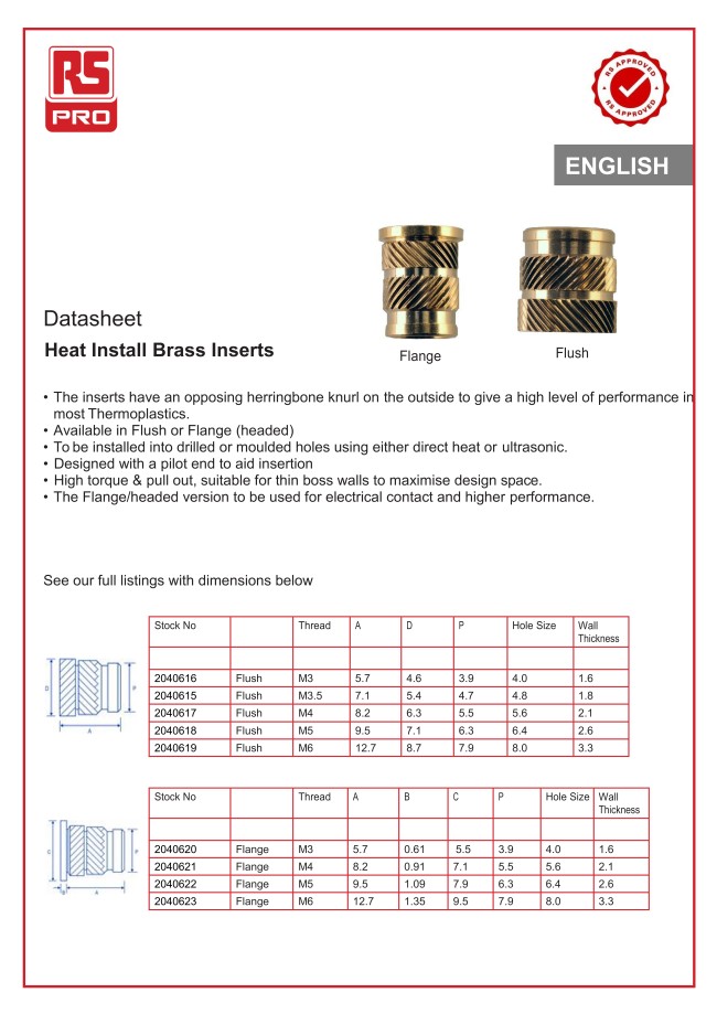 RS PRO, M3 Brass Threaded Insert, 4.6mm diameter 4mm Depth 5.7mm | RS ...