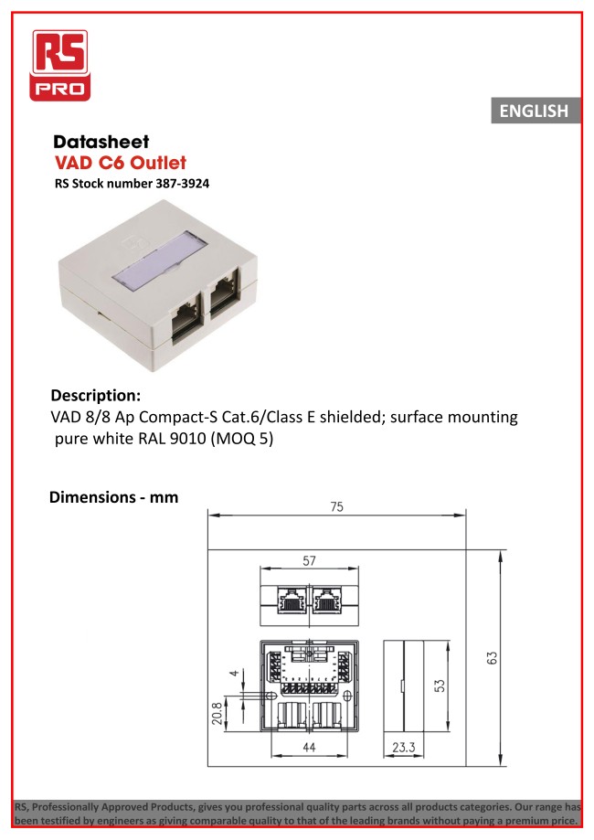 RS PRO Angled Cat6 2 Way RJ45 Surface Mount Socket,With STP Shield Type ...