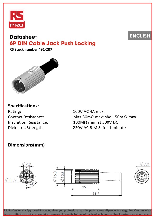 RS PRO 6 Pole Din Socket, 1A, 100 V AC, Push Lock, Female, Cable Mount ...