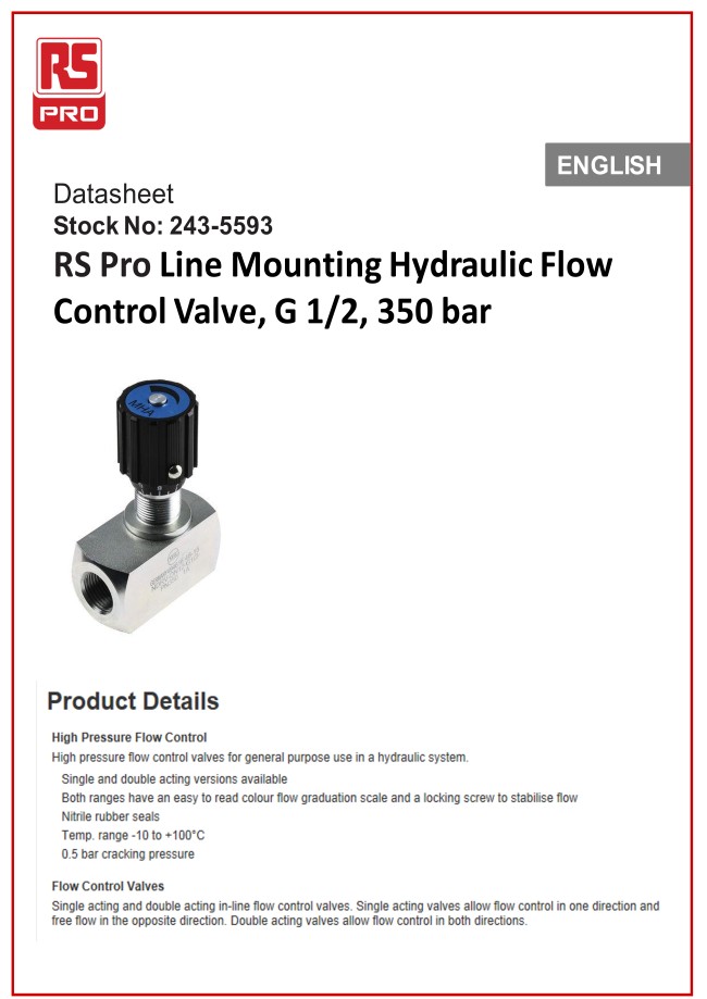 RS PRO Inline Mounting Hydraulic Flow Control Valve, G 1/2, 350bar ...