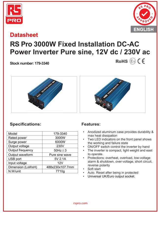 RS PRO 3000W Fixed Installation DC-AC Power Inverter, 12V / 230V | RS ...